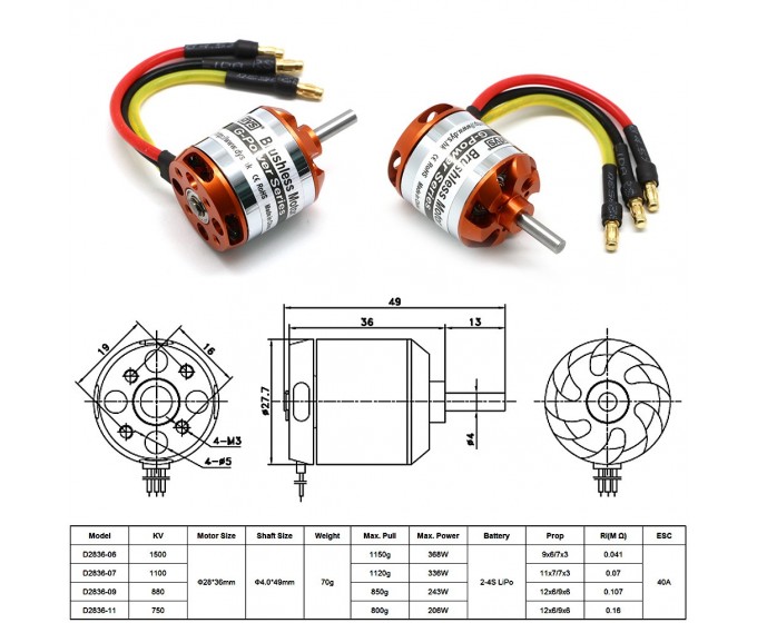 D2836 750KV Brushless Outrunner Motor